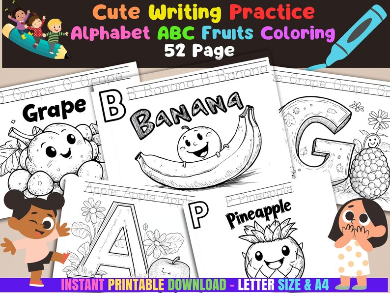 Alphabet ABC Fruit Coloring Book for Kids, A to Z Worksheet, ABC Fun ...
