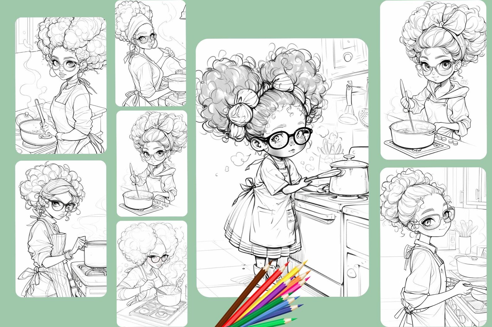 Chibi Girls Cooking Coloring Book, Girl in Kitchen, Anime Chibi Girl ...