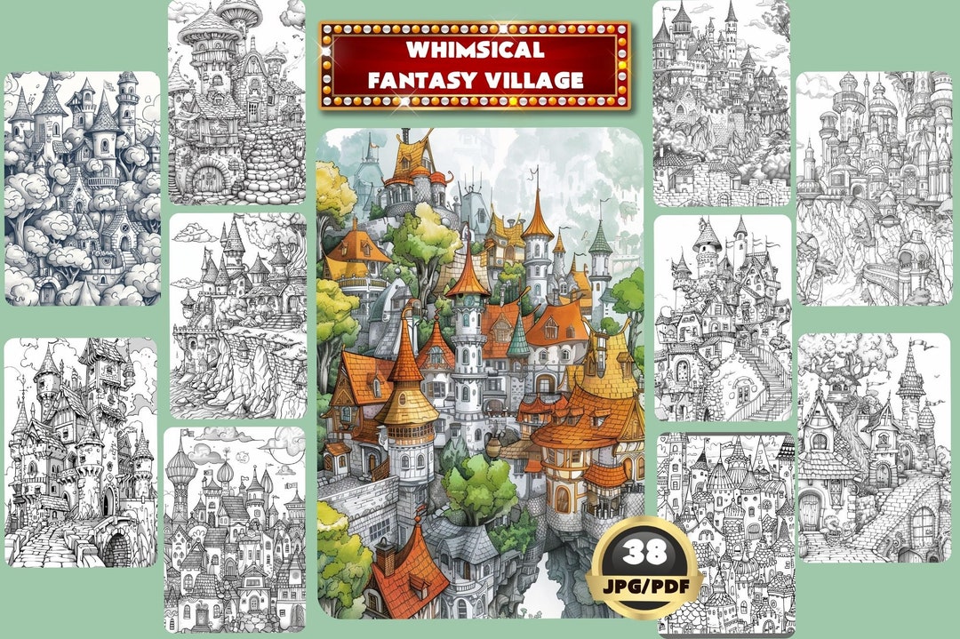 Whimsical Fantasy Village Coloring Book, Fairytale Village, House and ...