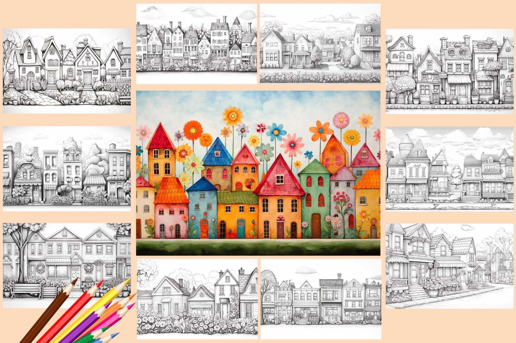 Beautiful Hometowns Front Side Digital Coloring Book, Houses Coloring ...