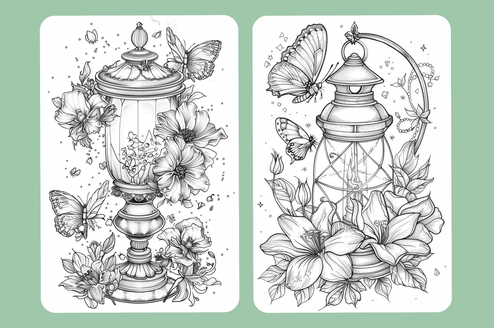 Magic Lantern Coloring Book: Flowers and Butterfly Grayscale (printable ...