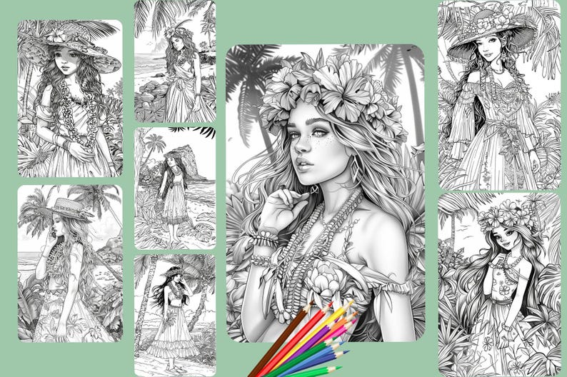 Princess in Hawaii Digital Coloring Book, Beautiful Tropical Beaches ...