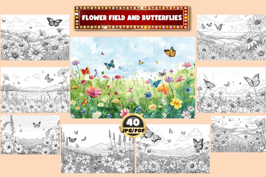 Flower Field and Butterflies Coloring Book: Relaxing Grayscale ...