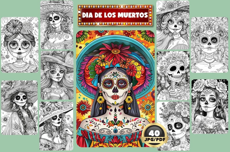 Dia De Los Muertos Digital Coloring Book, Halloween Coloring, Floral ...