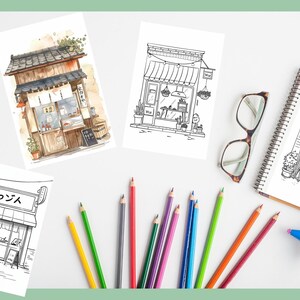 Japanese Storefronts Coloring Book: Grayscale Restaurant Designs ...