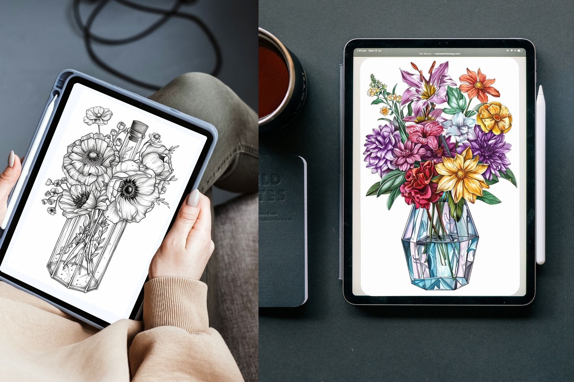 Floral Coloring Book: Flowers in Glass, Grayscale Art (printable PDF ...