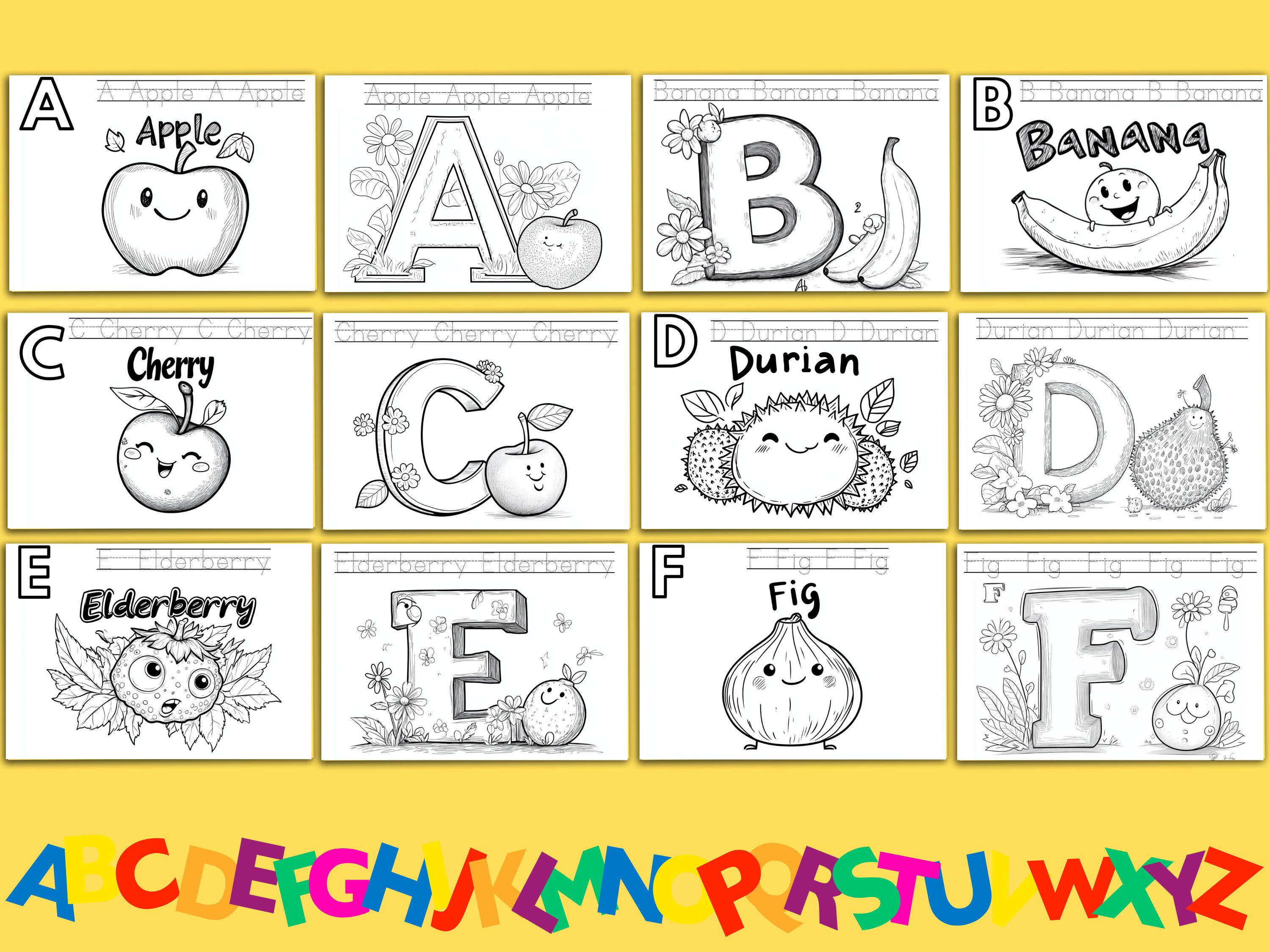 Alphabet ABC Fruit Coloring Book for Kids, A to Z Worksheet, ABC Fun ...