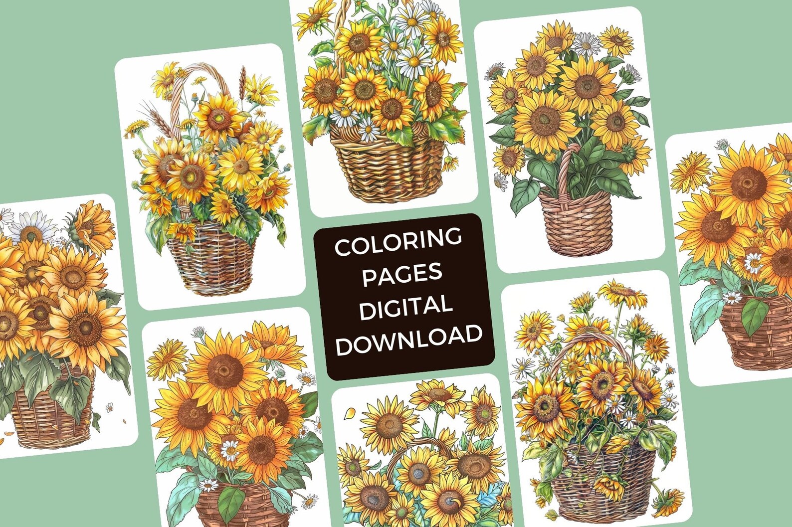 Sunflower Basket Coloring Book: Grayscale Therapy Art (printable PDF ...