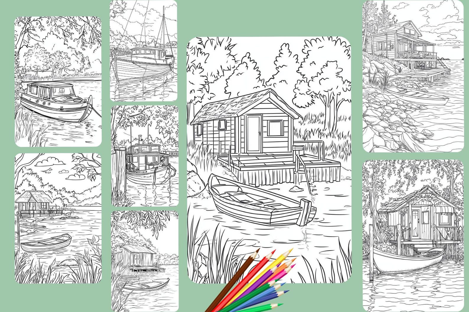 House and Boat Coloring Book, Digital Coloring, Lake House Coloring ...