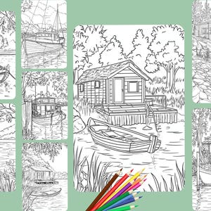 House and Boat Coloring Book, Digital Coloring, Lake House Coloring ...