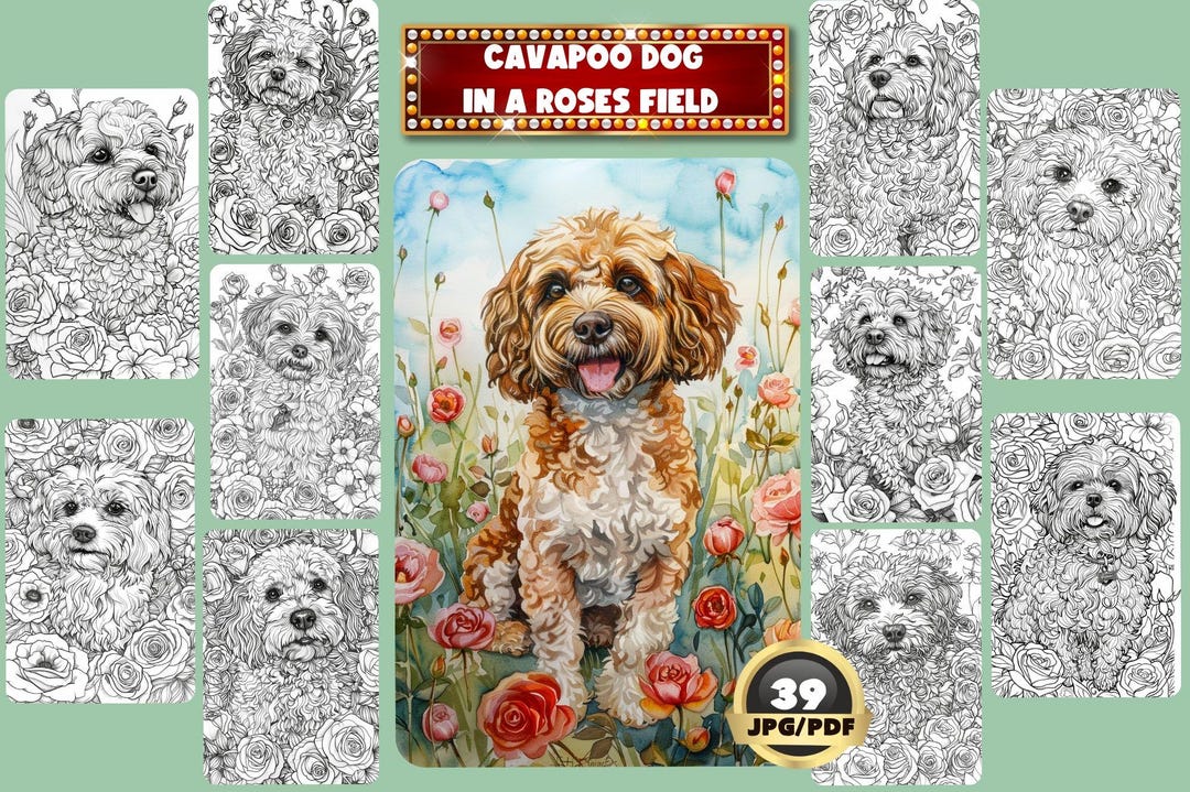 Cavapoo Dog in Roses Field Digital Coloring Book, Dog Coloring for Kid ...