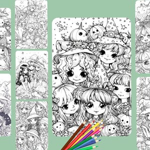 Kawaii Cute Witches Digital Coloring Book, Halloween Coloring, Relaxing ...