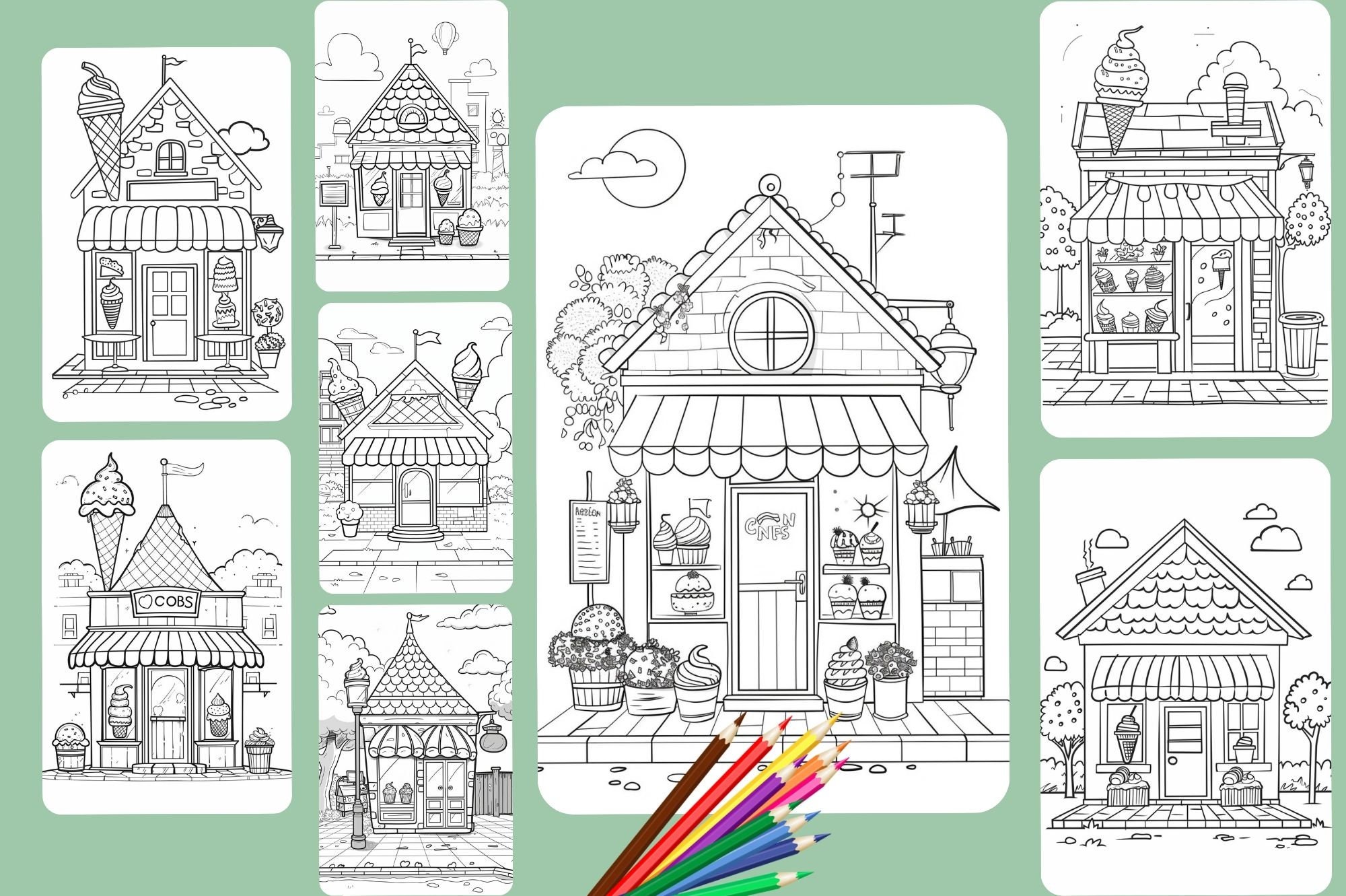 Cute Ice Cream Shopfront Colorıng Book, Fantasy Storefronts Coloring ...