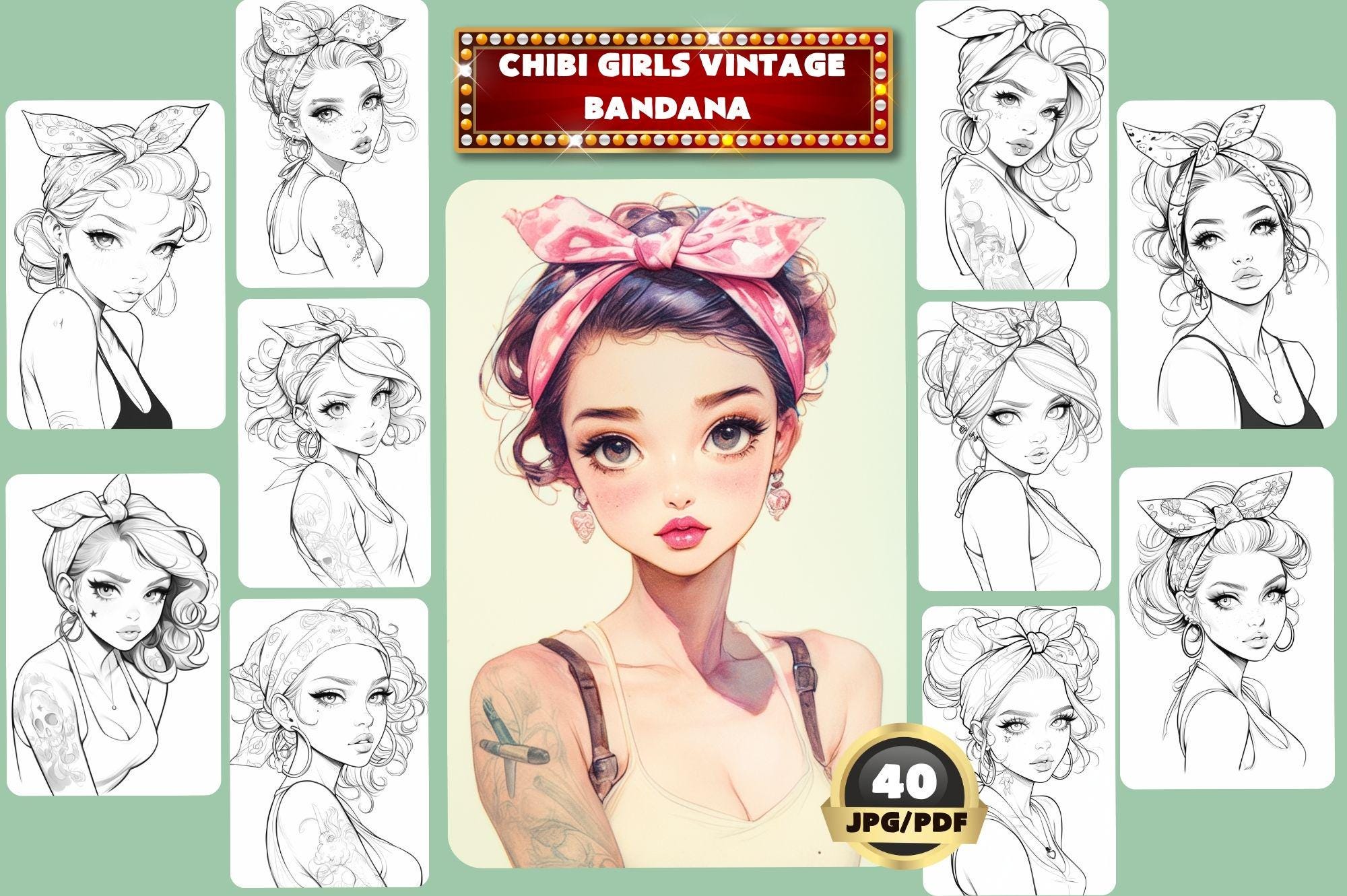 Chibi Girls Vintage Bandana Coloring Book, Girl With Bandana, Anime ...