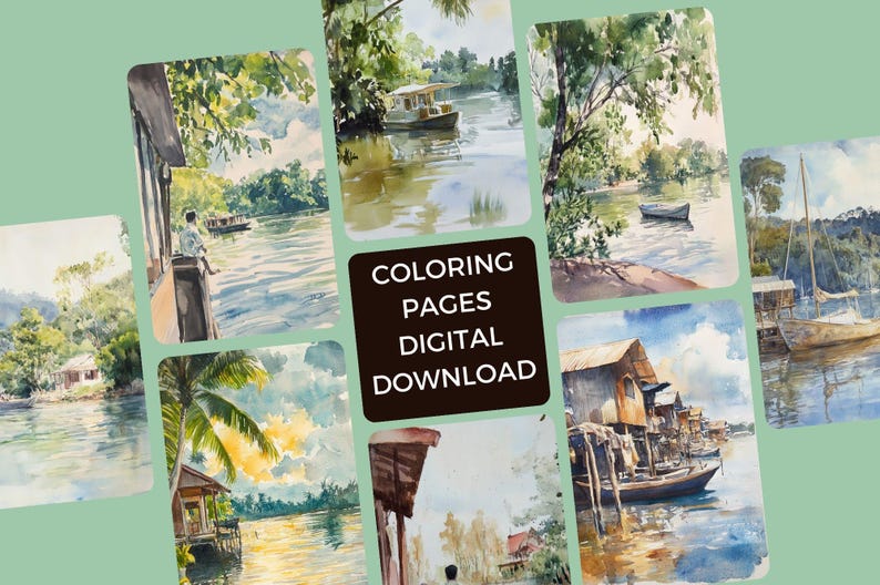 House and Boat Coloring Book, Digital Coloring, Lake House Coloring ...