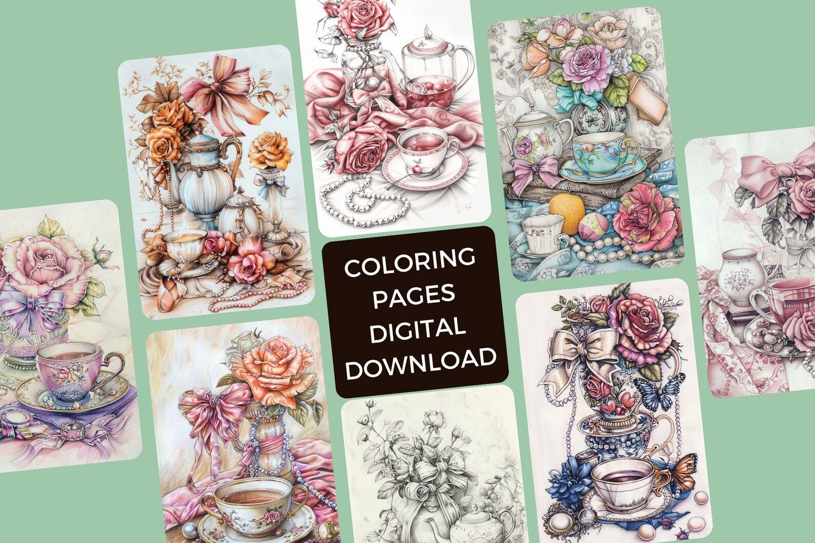 Victorian Style Tea Set With Roses Digital Coloring Book, Floral Tea ...