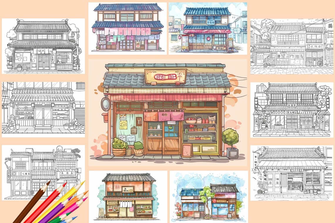 Japanese Restaurant Coloring Book: Grayscale Shopfronts (printable PDF ...