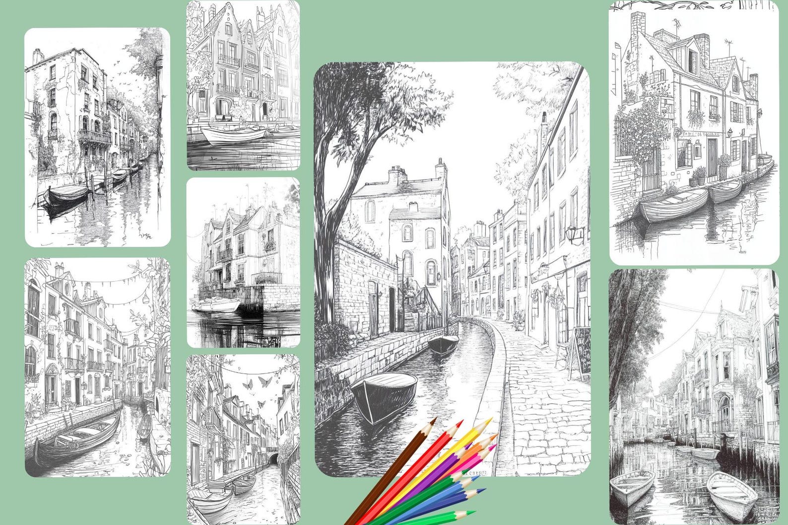 Building by the Canal Coloring Book, Waterfront House, House Coloring ...