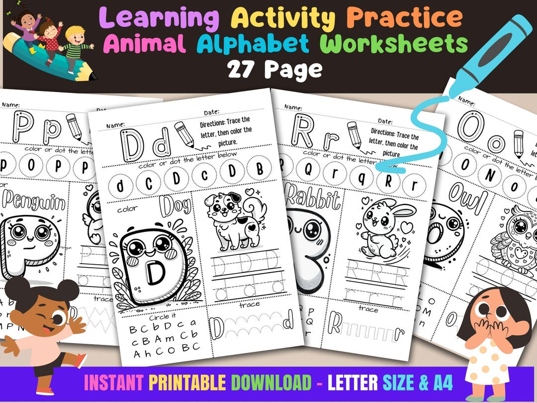 Animal Alphabet Worksheets Coloring Book, Fun A-Z Animal Coloring, ABC ...