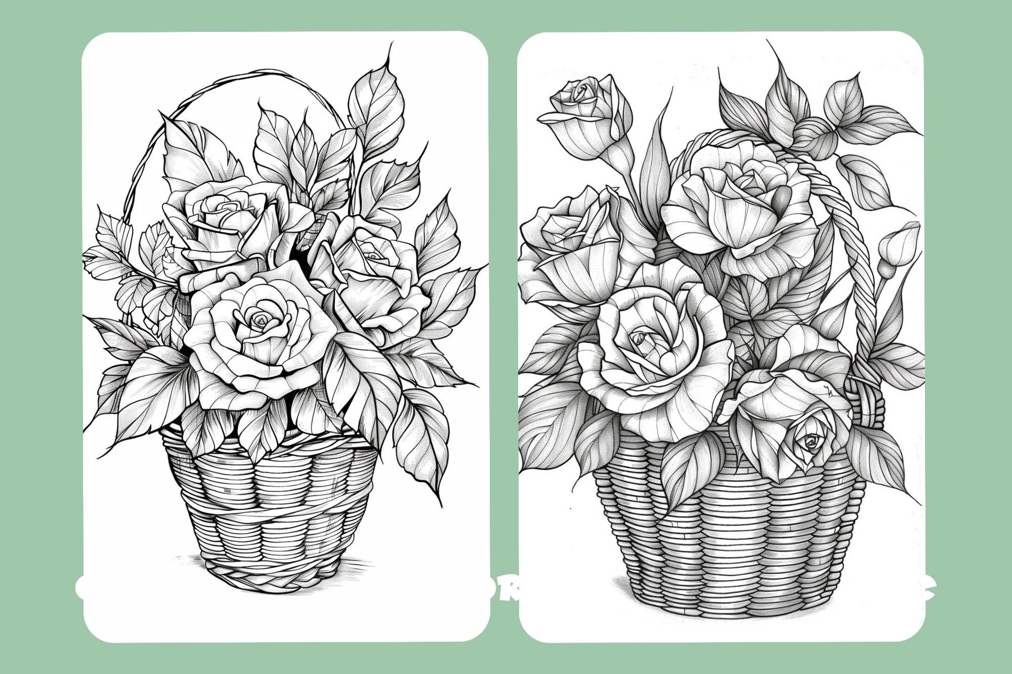 Roses in Basket Coloring Book: Grayscale Floral Designs (printable PDF ...