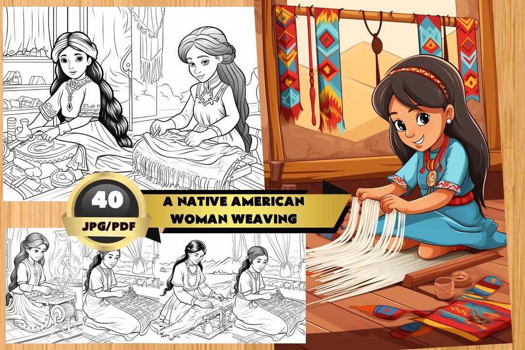 Native American Woman Weaving Coloring Page, Grayscale Coloring Page ...