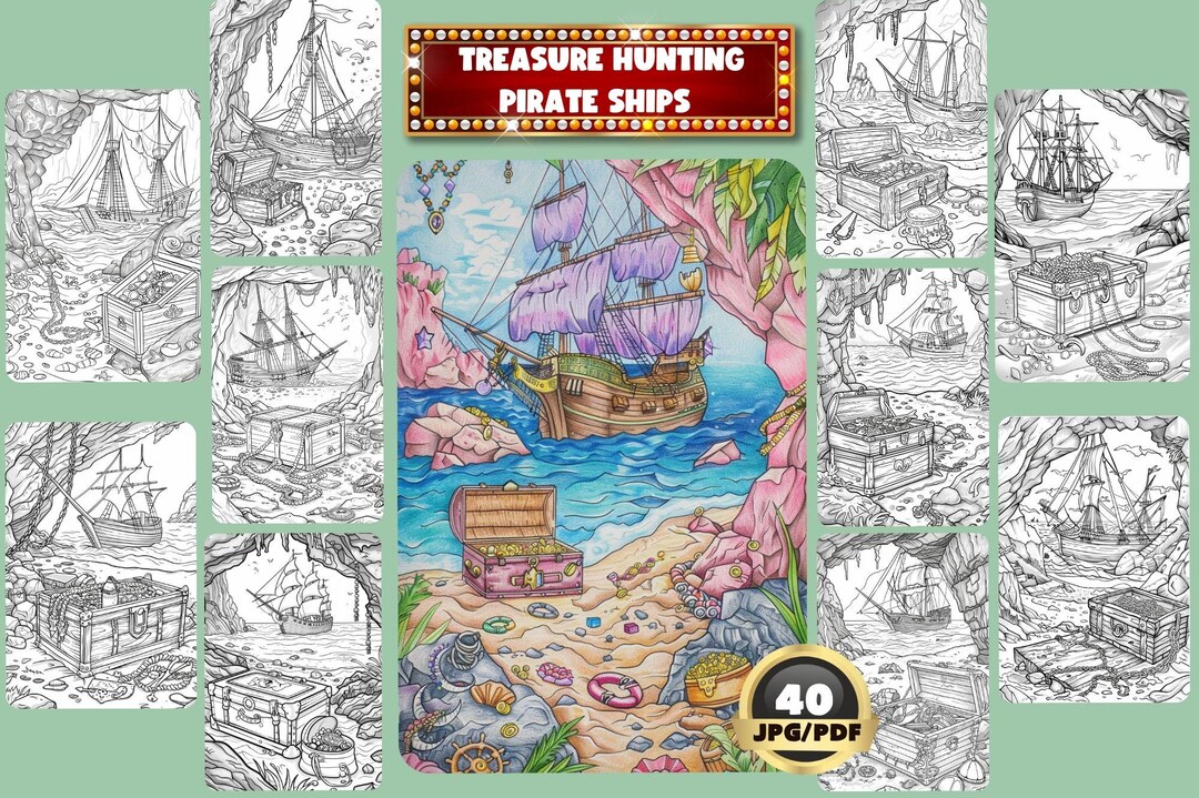 Treasure Hunting Pirate Ships Digital Coloring Book, Pirate Ships ...