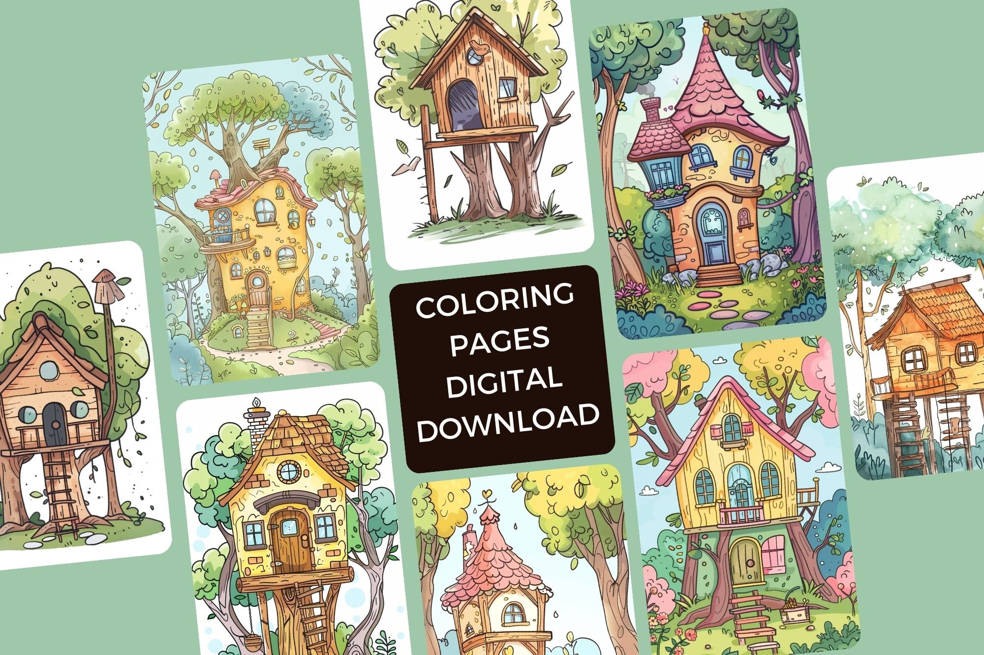 Fantasy Tree House Coloring Book, Grayscale Illustrations (printable ...