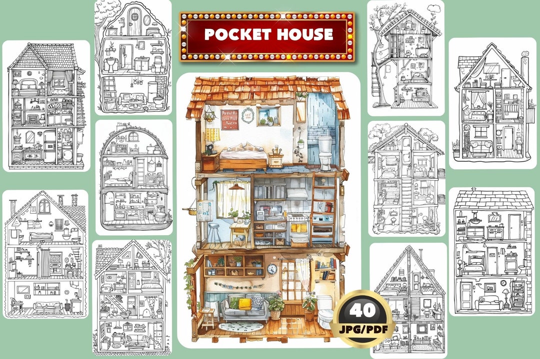Pocket House Coloring Book: Architect Interior Designs (printable PDF ...