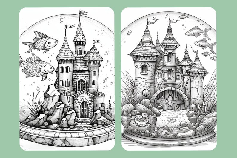 Fish and Small Castle in Fish Bowl Coloring Book, Fish Tank Coloring ...