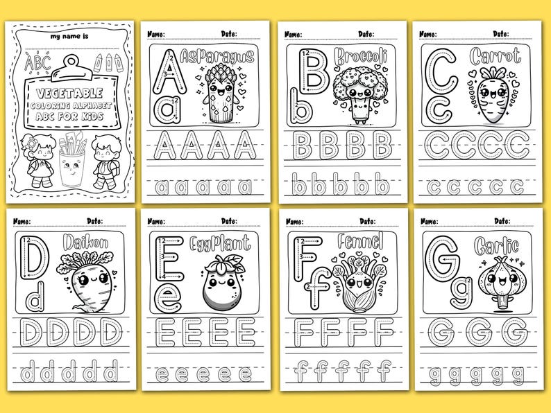 Vegetable Alphabet Coloring Pages: A-Z Practice Writing (printable PDF ...