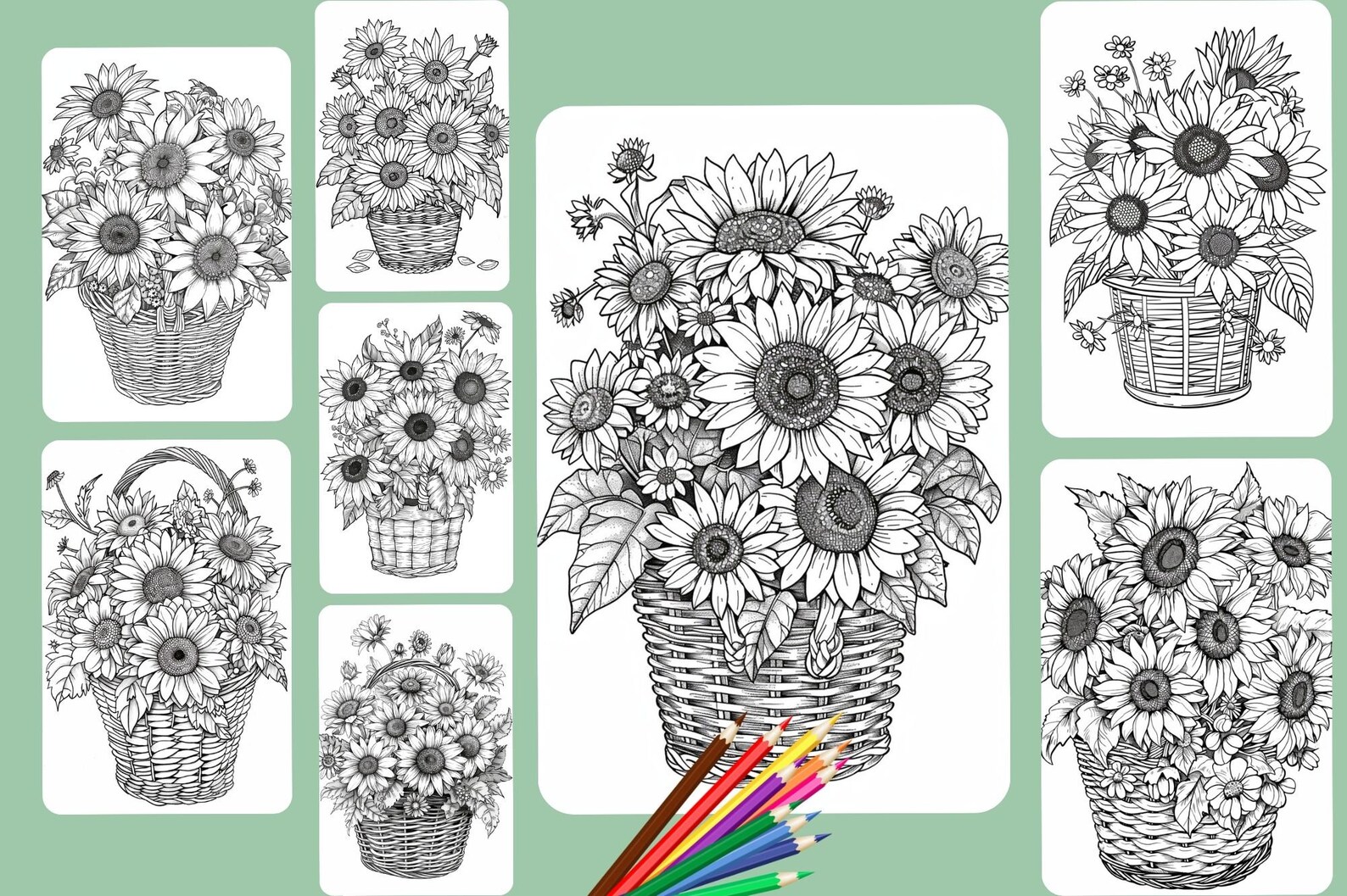 Sunflower Basket Coloring Book: Grayscale Therapy Art (printable PDF ...