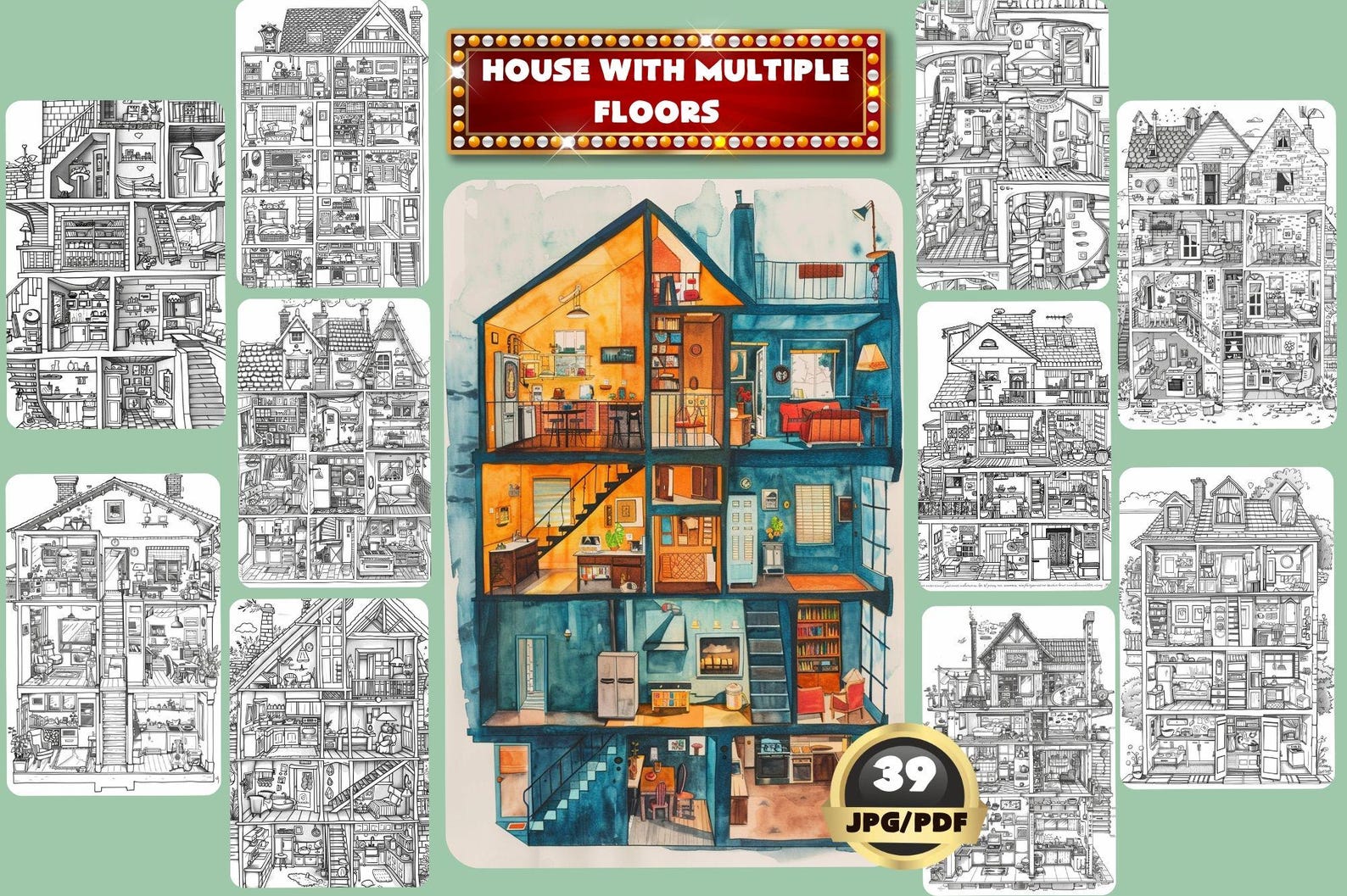 House With Multiple Floors Coloring Book: Architect Interior Design ...