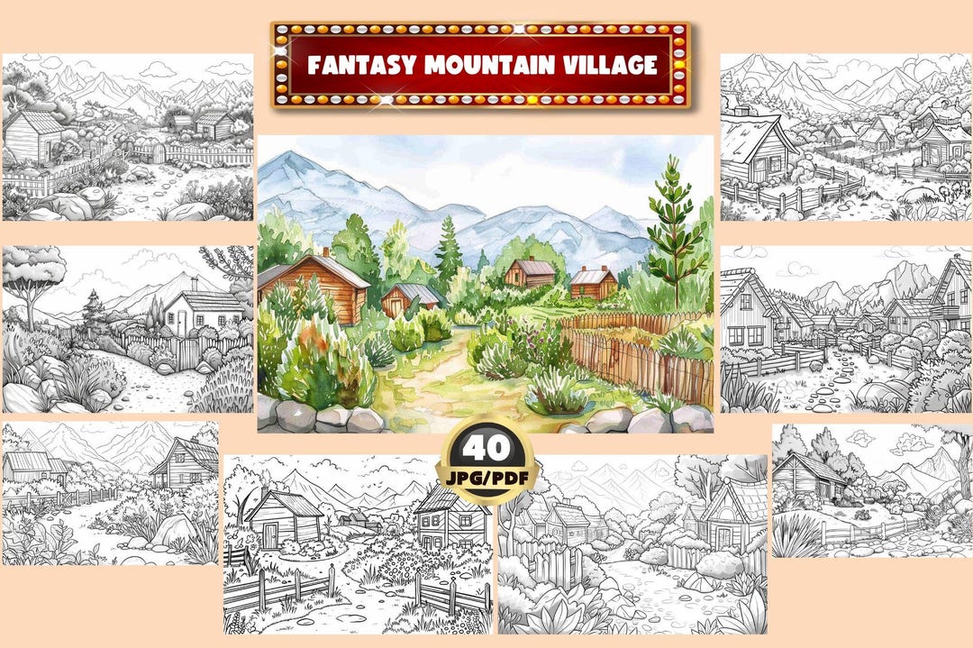 Fantasy Mountain Village Coloring Book: Grayscale House Landscape ...