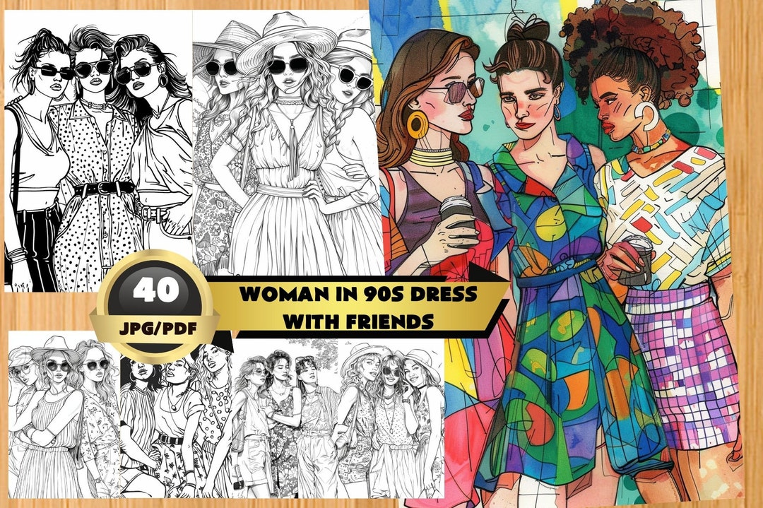Woman in 90s Dress With Friends Coloring Book, Printable PDF, Vintage ...