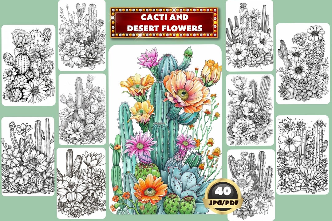 Cacti and Desert Flowers Coloring Book, Cactus Coloring, Digital ...