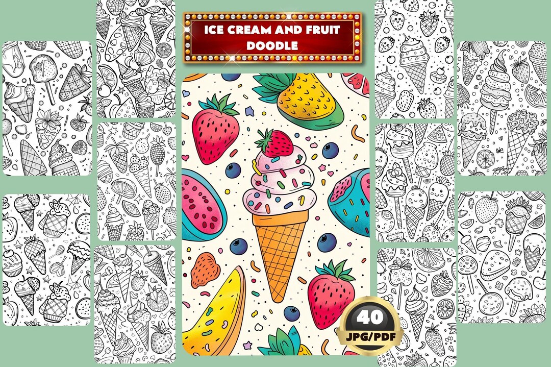 Ice Cream and Fruit Doodle Coloring Book, Relaxing Coloring, Therapy ...