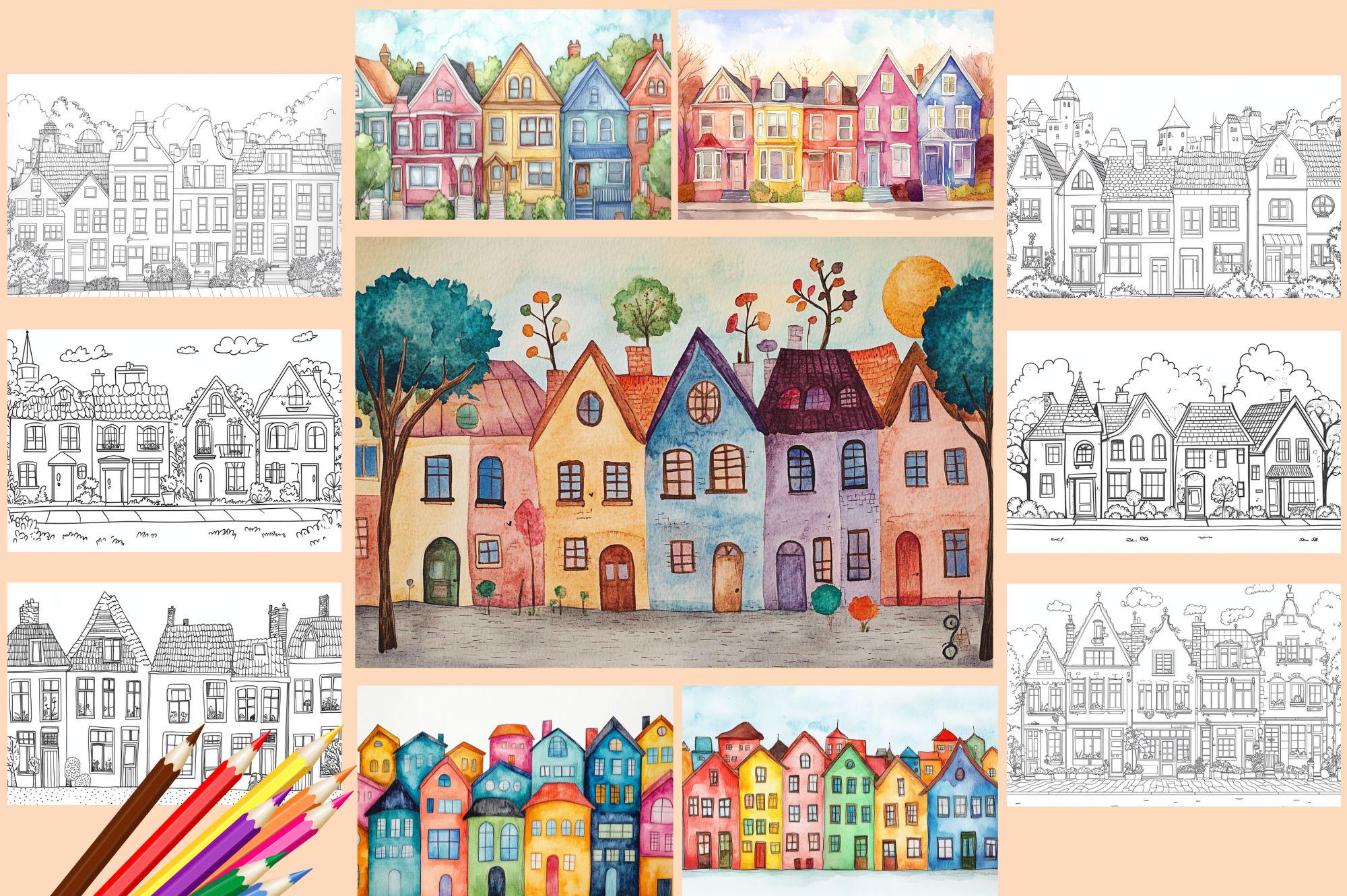 Kawaii Houses Digital Coloring Book, Storefront Coloring Page, Home ...