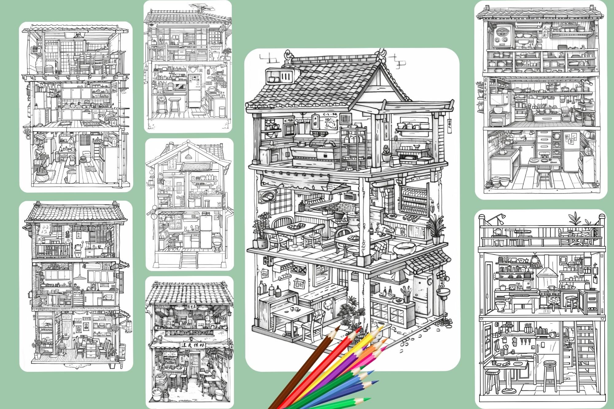 Japanese Restaurant Cross Section Coloring Book: Grayscale Interior ...