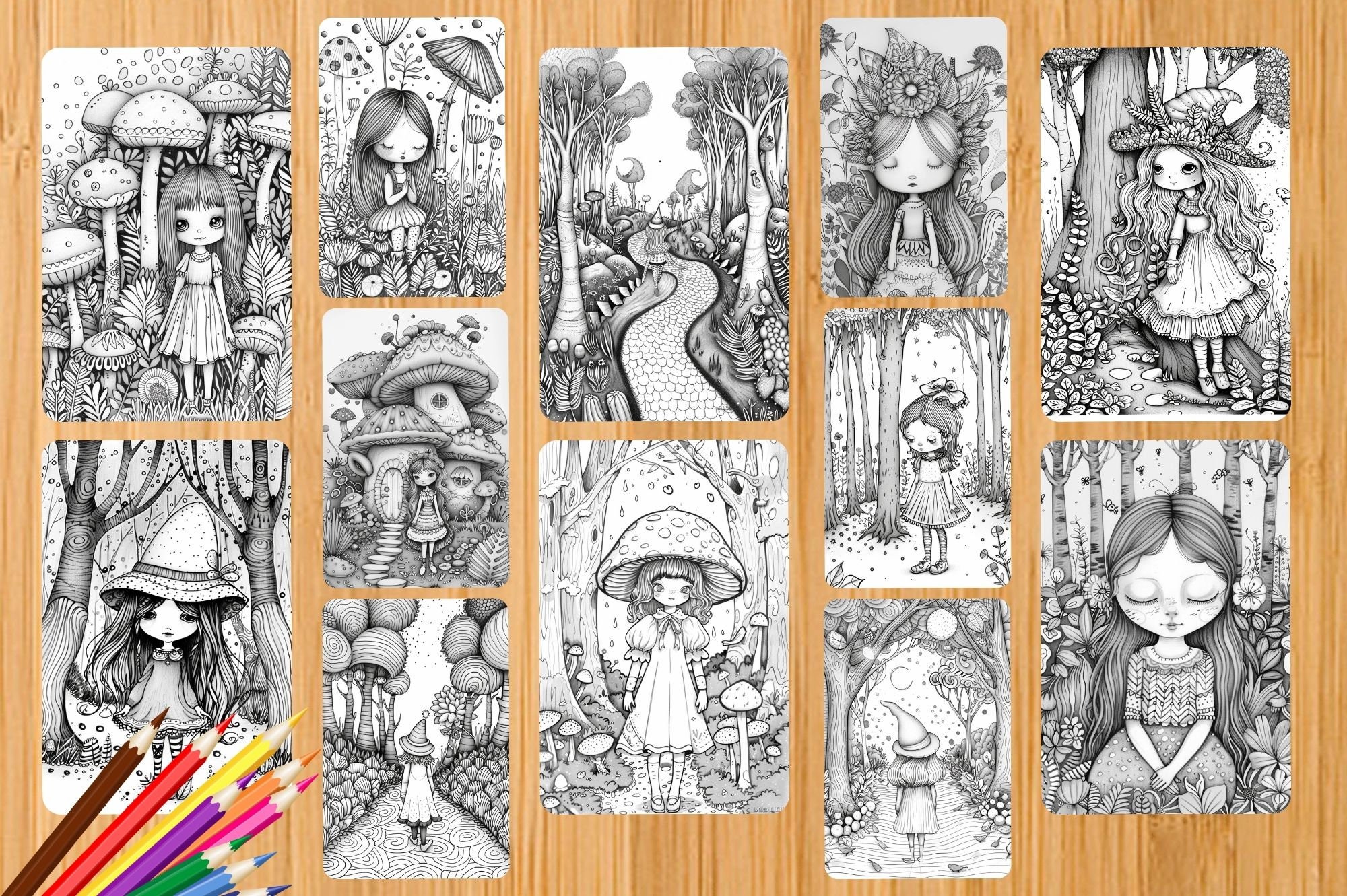Cute Magic Forest Coloring Book Printable, Grayscale Coloring Digital ...