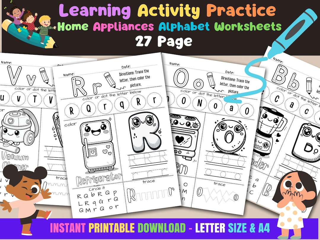 Home Appliances Alphabet Worksheets Digital Coloring Book, A-Z Coloring ...