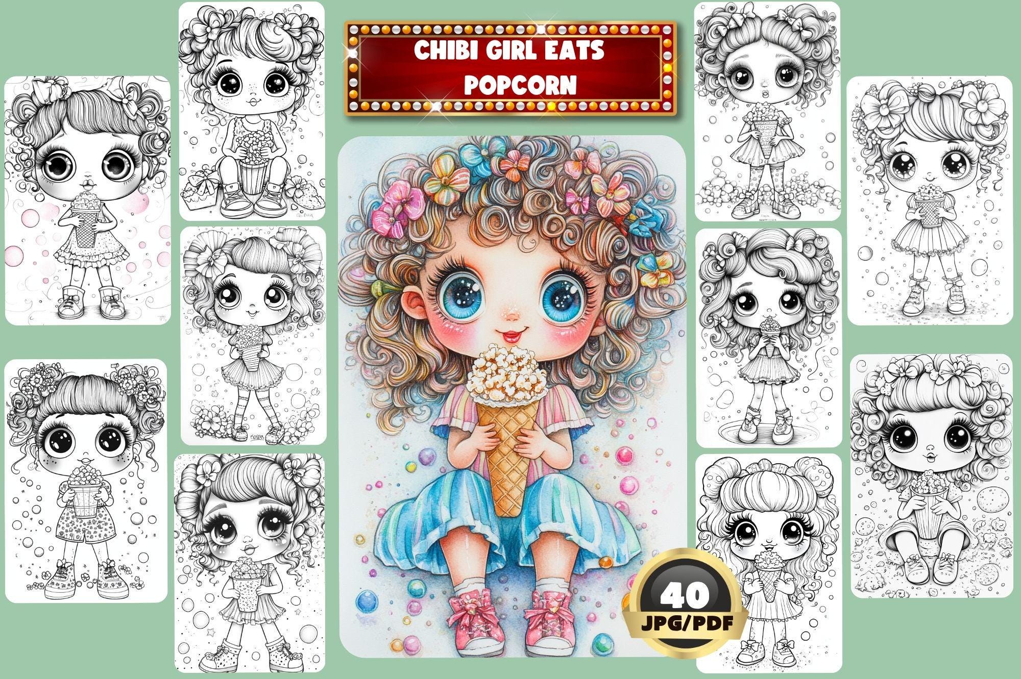 Chibi Girl Eats Popcorn Coloring Book: Kawaii Kids Printable (PDF) - Etsy