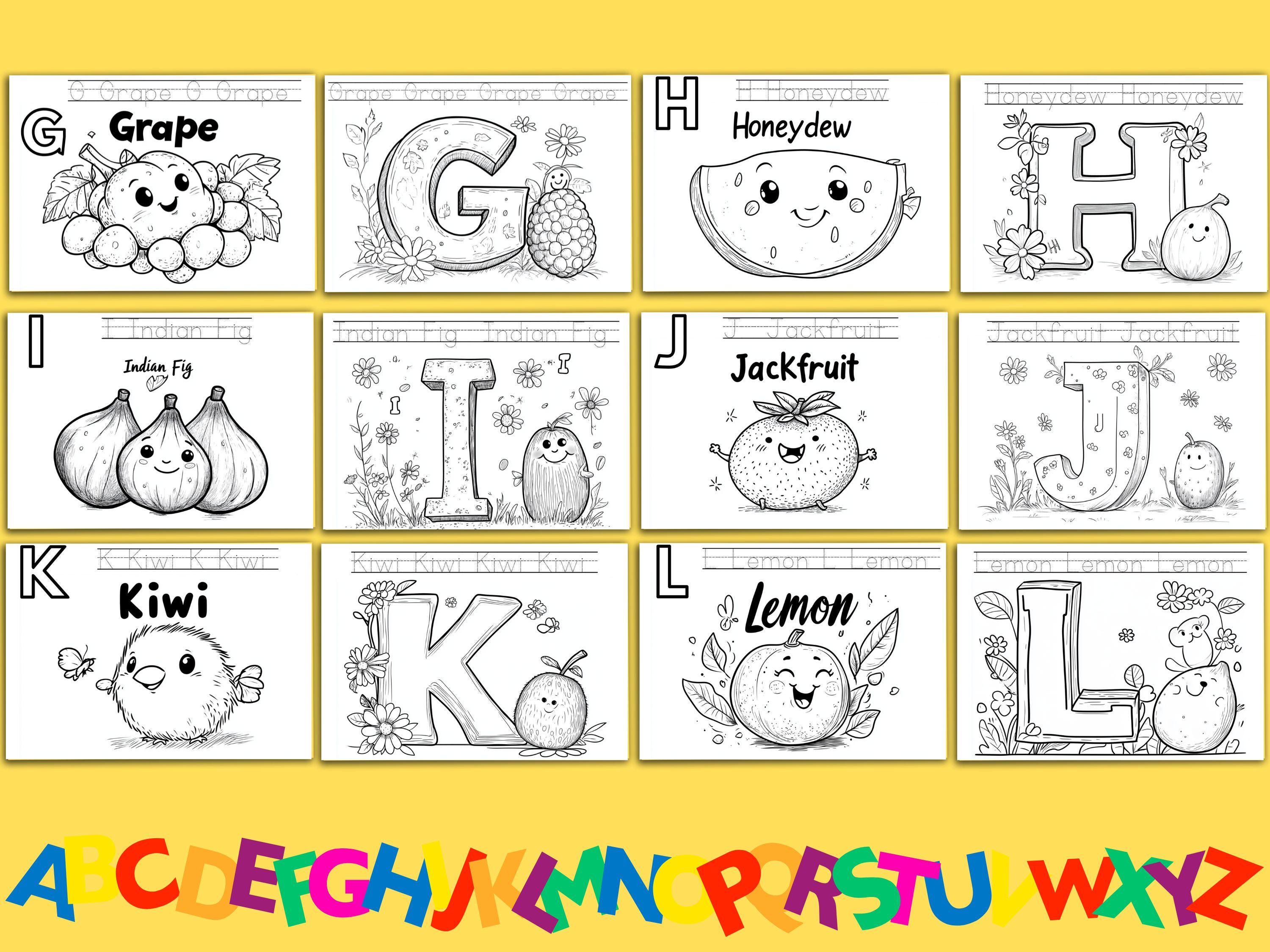 Alphabet ABC Fruit Coloring Book for Kids, A to Z Worksheet, ABC Fun ...