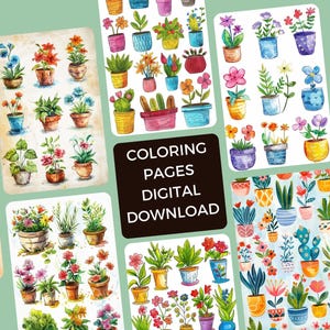 Tiny Plants and Blooms in Pots Coloring Book, Plants Doodle Coloring ...