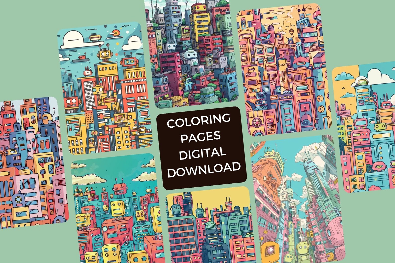 Cute Robots Among the Buildings Coloring Book: Home Architect Printable ...