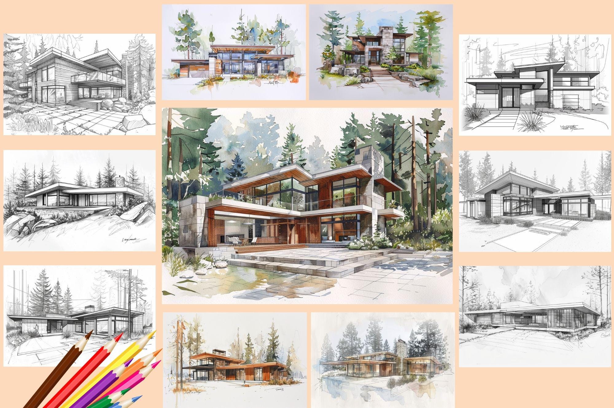 Modern Flat Roof House Coloring Book: Architect Designs (printable PDF ...