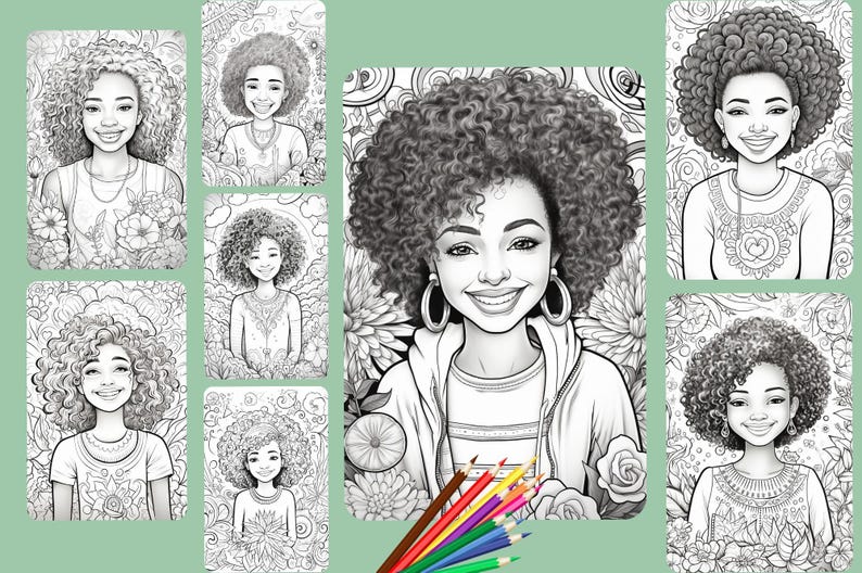 Black Woman in the Garden Coloring Pages for Adults Fashion, Dıgıtal ...
