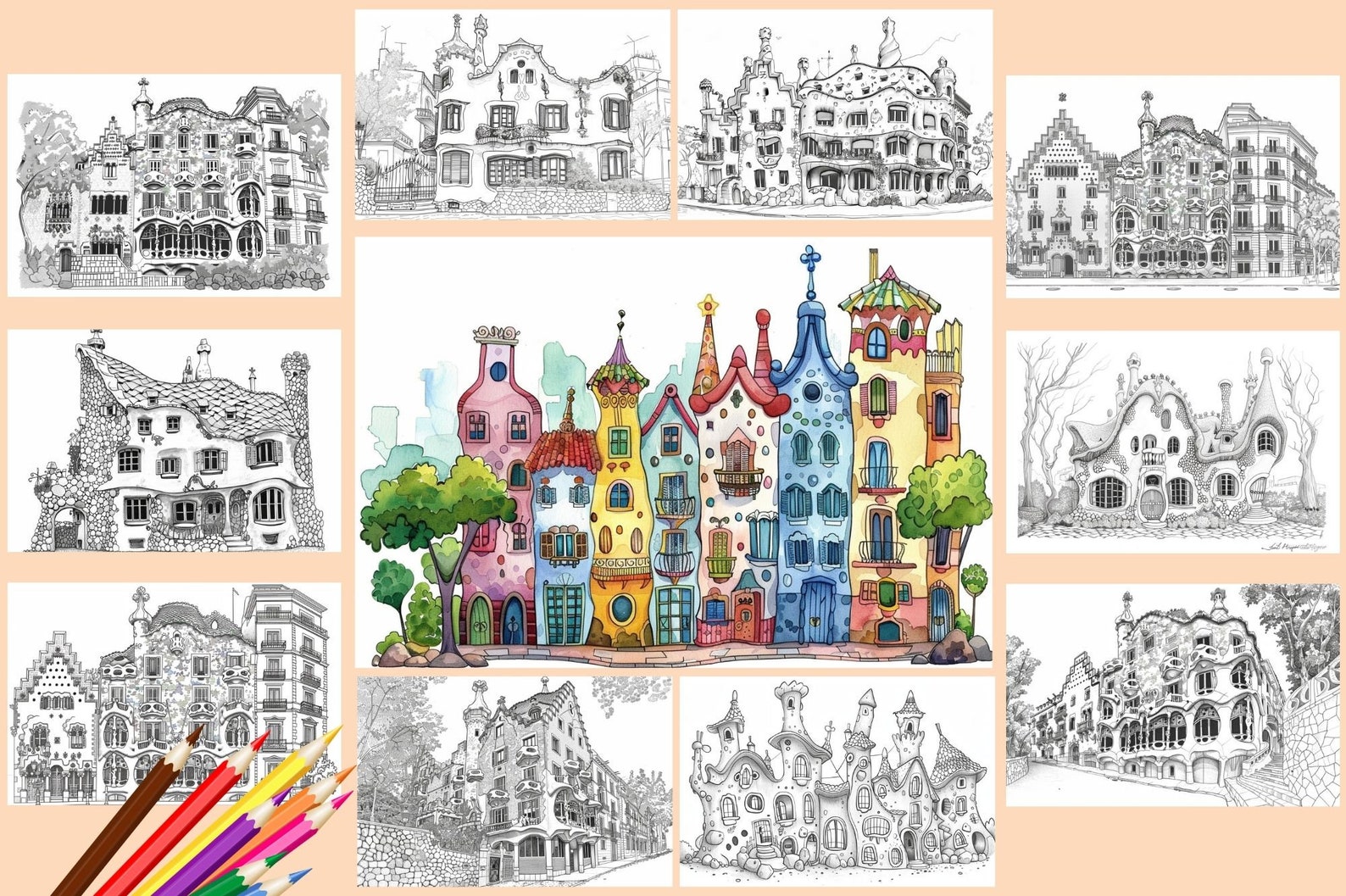 Cute Casa Batllo Barcelona Coloring Book, Digital Coloring Book, House ...