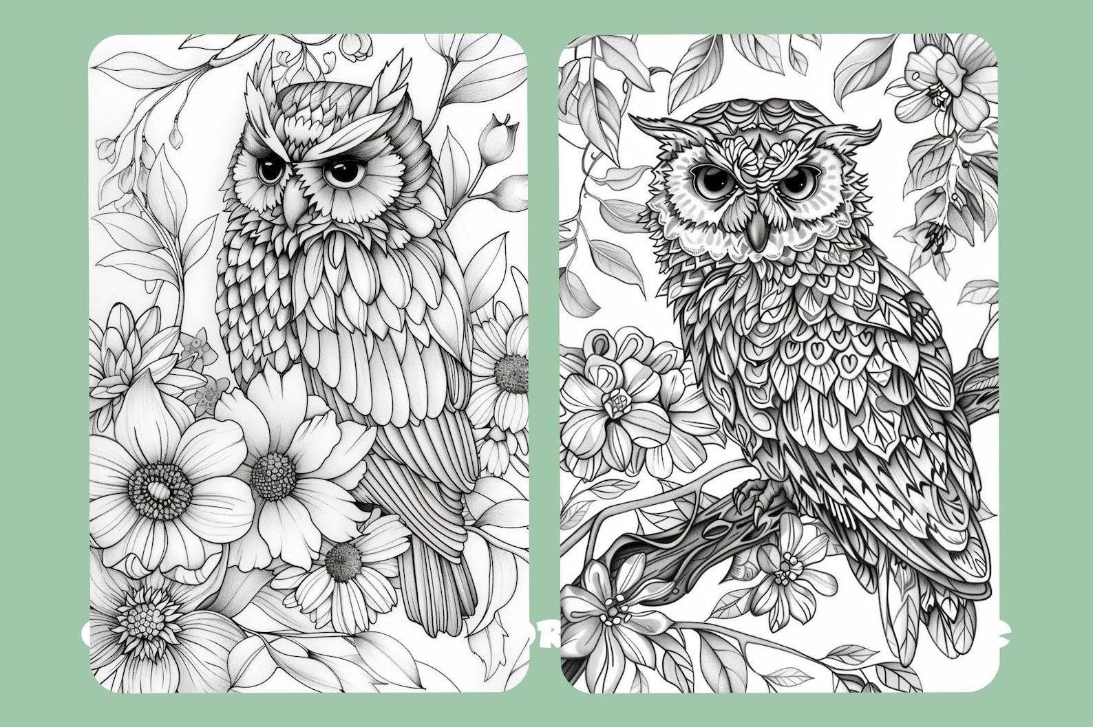 Fantasy Floral Owl Coloring Book: Grayscale Relaxing Art (printable PDF ...