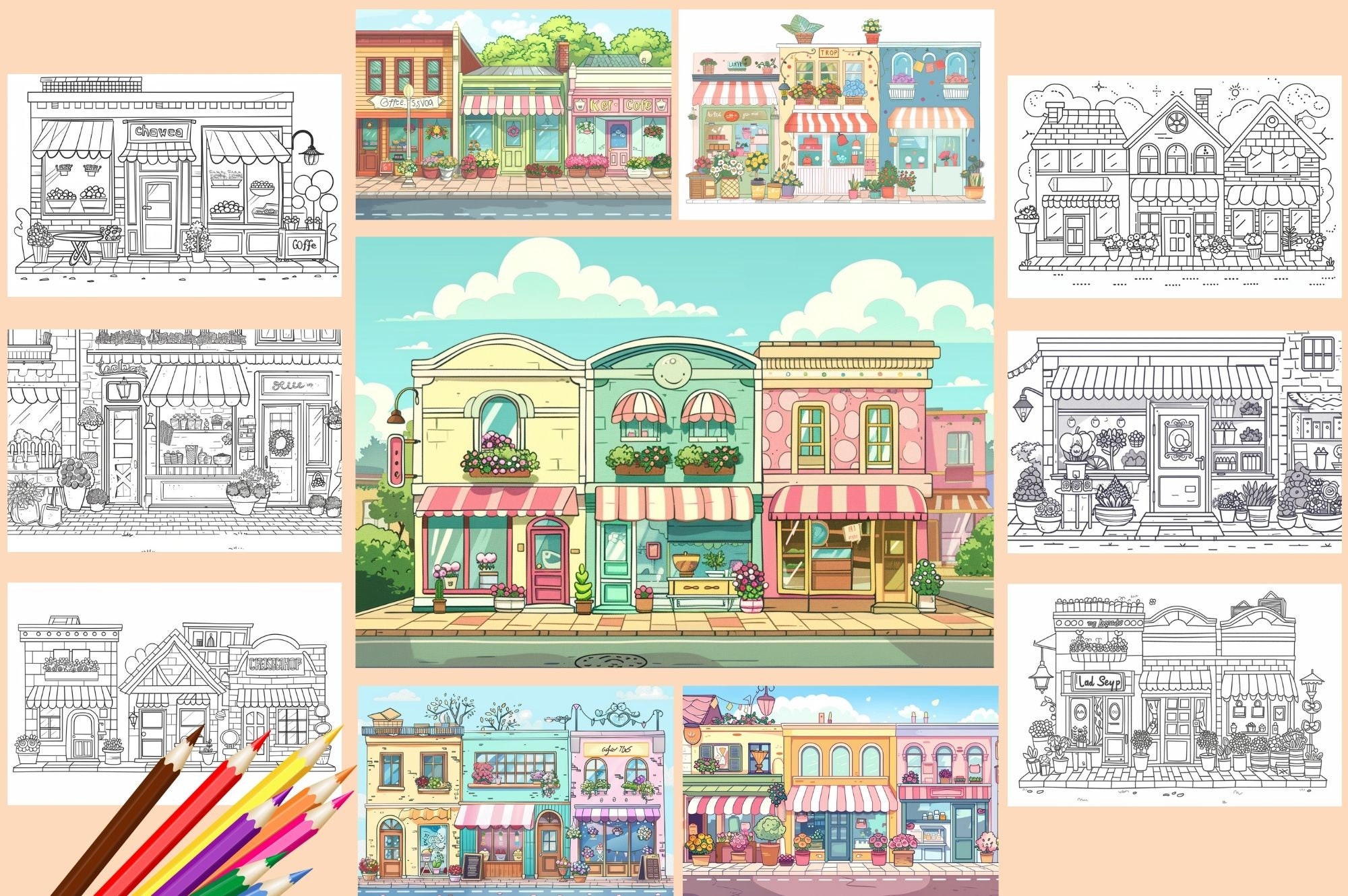 Kawaii Town Coloring Book: Cartoon Storefronts (printable PDF) - Etsy
