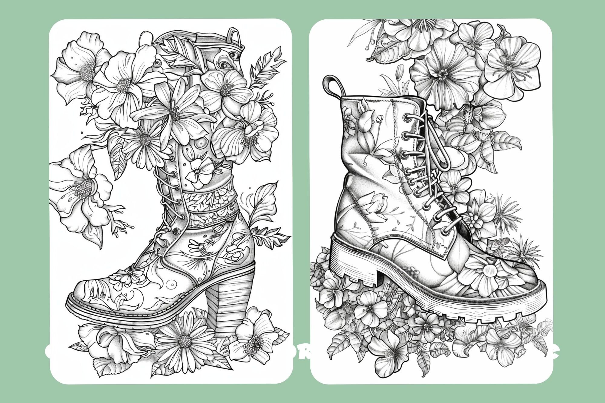 Floral Boot Grayscale Coloring Book: 35 Fantasy Flower Designs ...